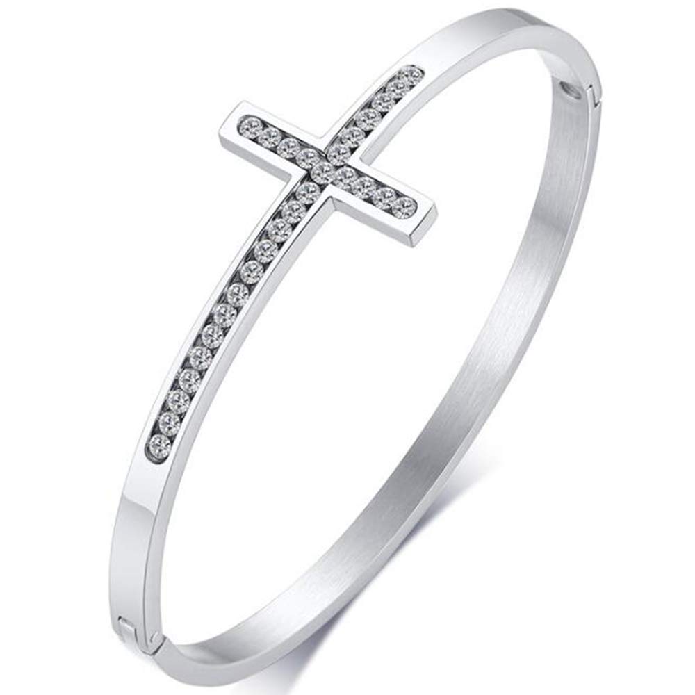 Jude Jewelers Stainless Steel Sideways Cross Christian Religious Bangle Bracelet (Silver)