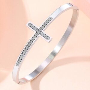 Jude Jewelers Stainless Steel Sideways Cross Christian Religious Bangle Bracelet (Silver)