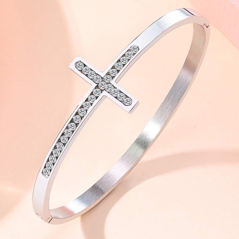 Jude Jewelers Stainless Steel Sideways Cross Christian Religious Bangle Bracelet (Silver)