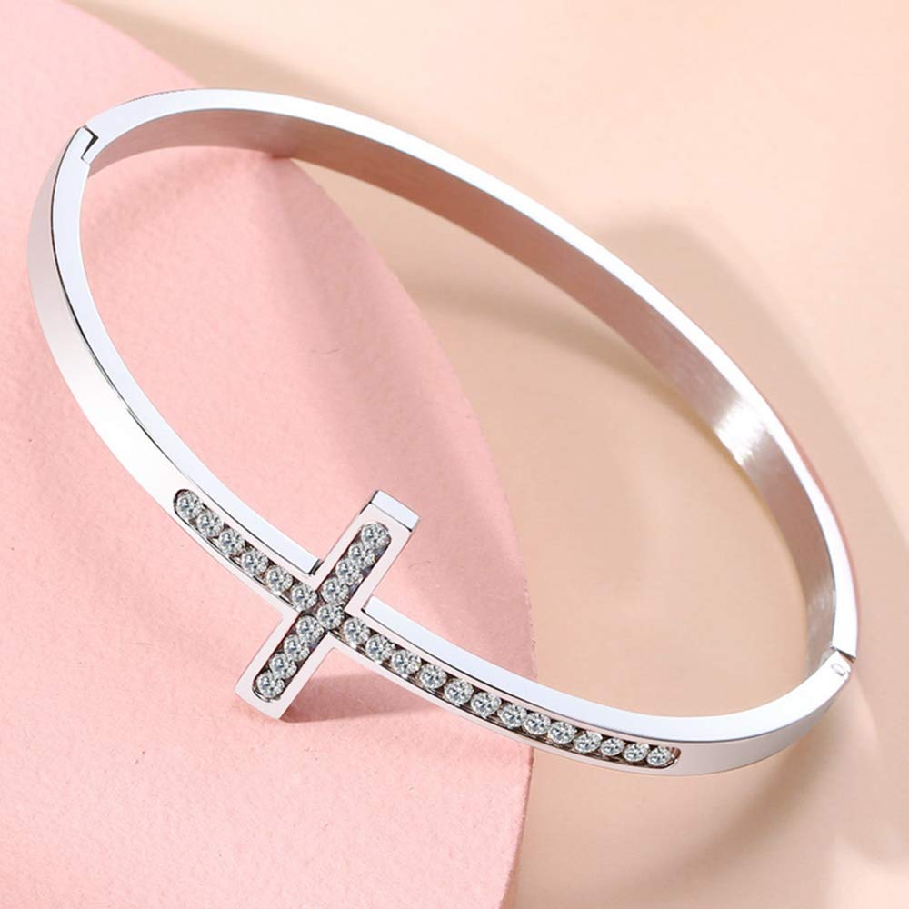 Jude Jewelers Stainless Steel Sideways Cross Christian Religious Bangle Bracelet (Silver)