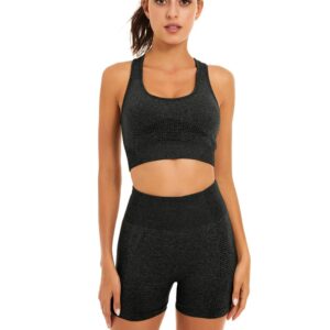 Toplook Women Seamless Yoga Workout Set 2 Piece Outfits Gym Shorts Sports Bra (Black, Large)