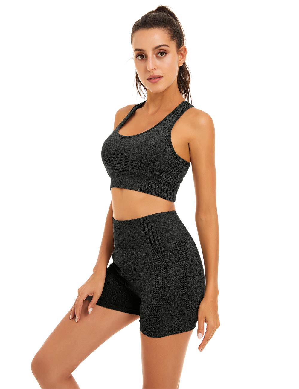 Toplook Women Seamless Yoga Workout Set 2 Piece Outfits Gym Shorts Sports Bra (Black, Large)