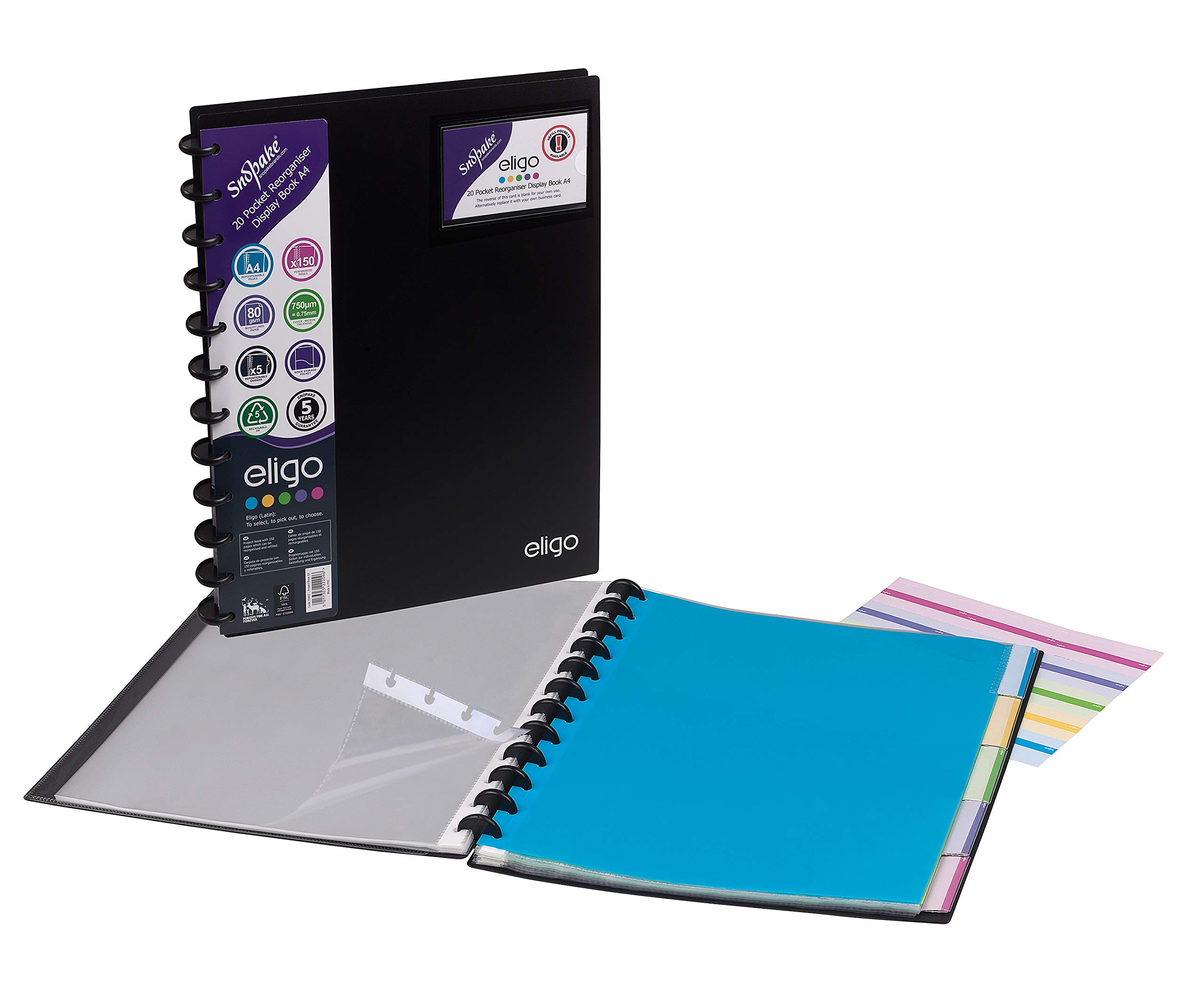 Snopake Eligo A4 ReOrganiser Display Book with Dividers & Index Tabs [Pack of 2] 20 Pockets/40 Sides to View Ref: 15863,Black