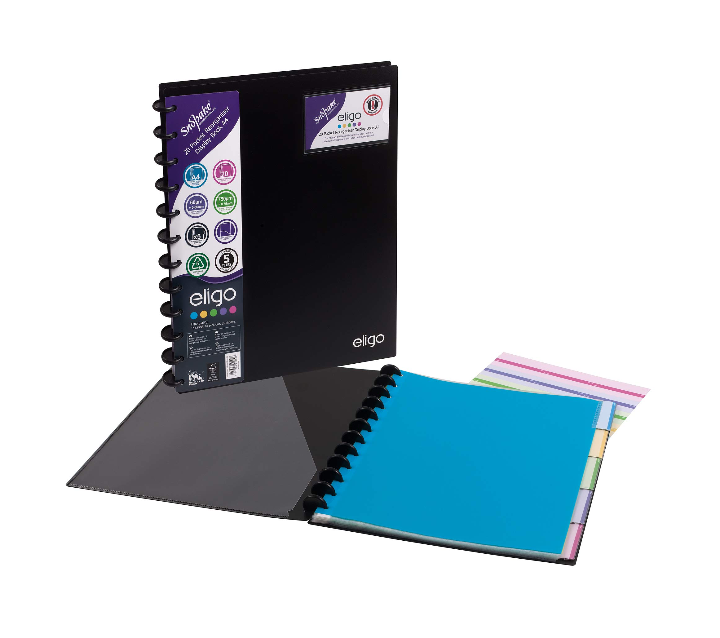 Snopake Eligo A4 ReOrganiser Display Book with Dividers & Index Tabs [Pack of 2] 20 Pockets/40 Sides to View Ref: 15863,Black