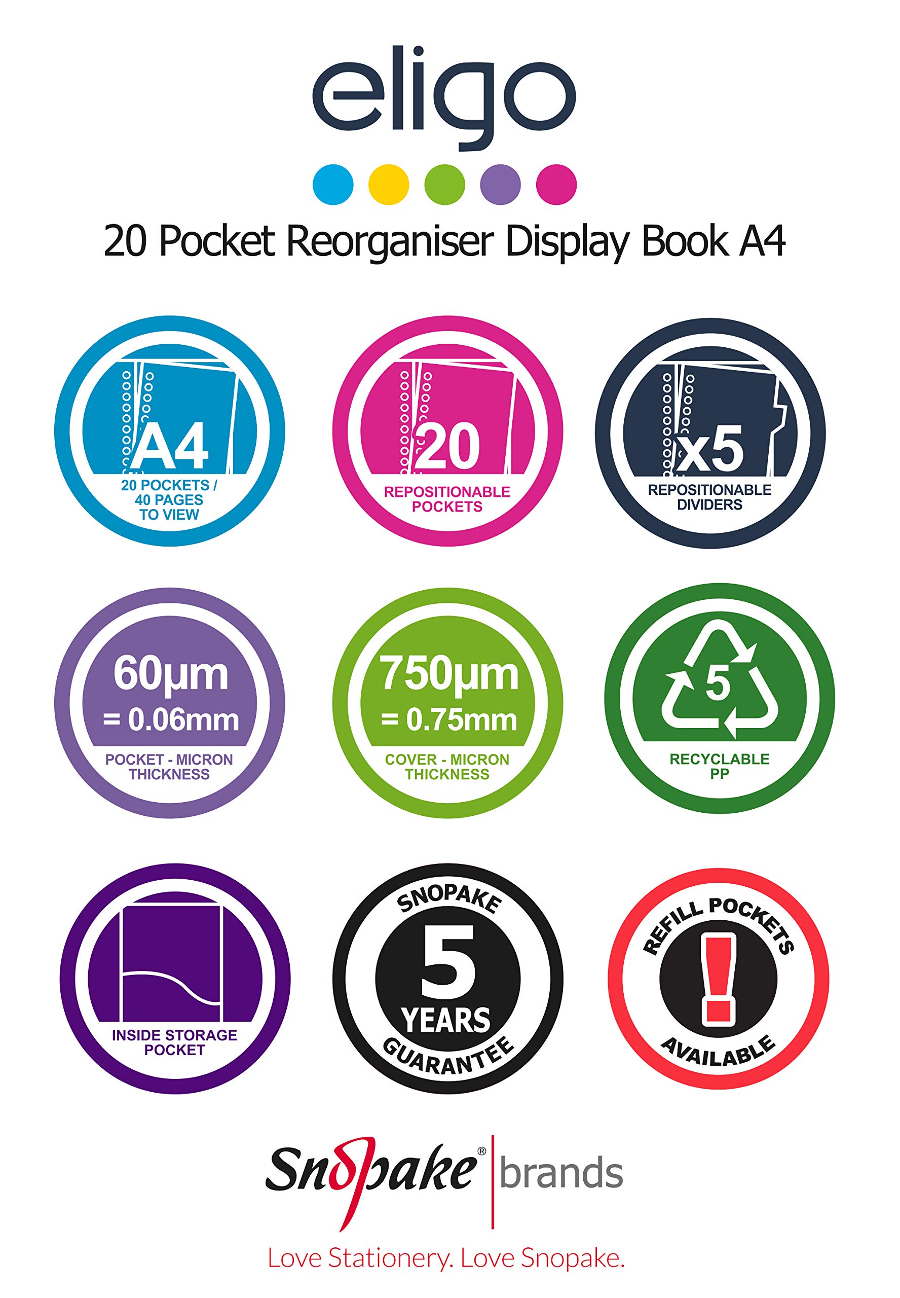 Snopake Eligo A4 ReOrganiser Display Book with Dividers & Index Tabs [Pack of 2] 20 Pockets/40 Sides to View Ref: 15863,Black