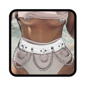 twinklede punk leather belly waist chain belt circle body chains festival rave body chain jewelry for women and girls (white)