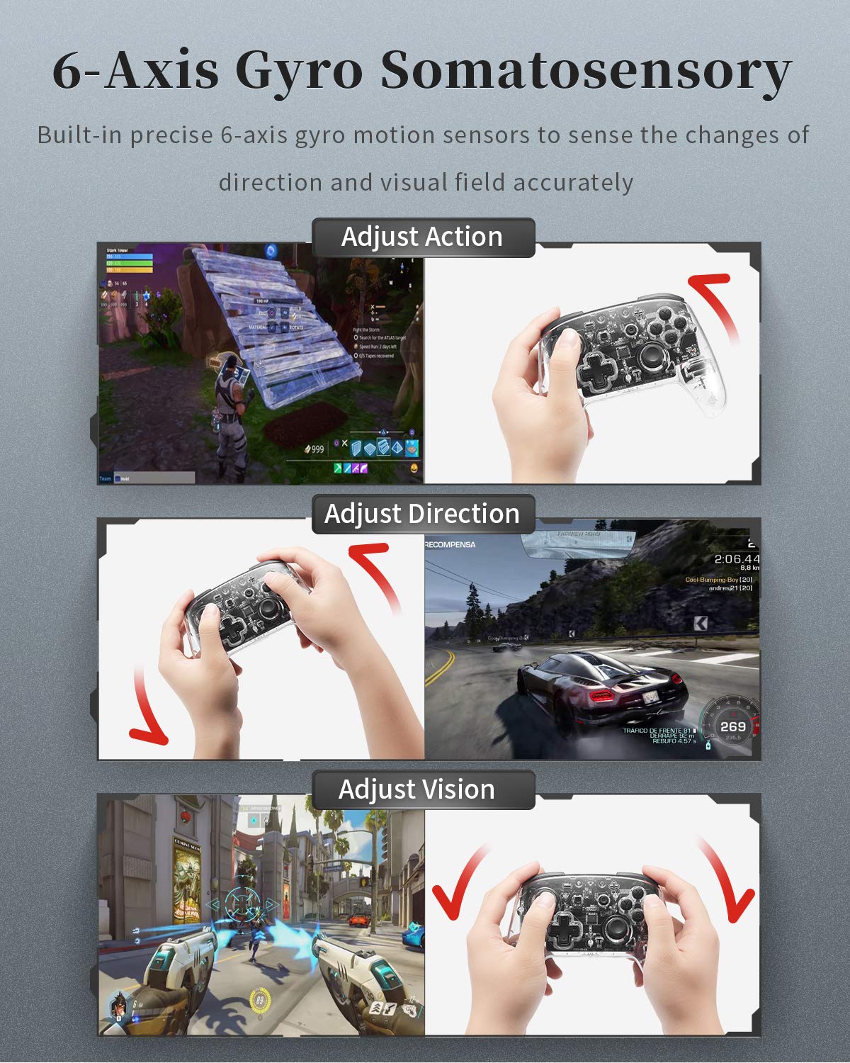 Switch Controller, Pro Controller for Switch/Switch Lite/Switch OLED, Adjustable Turbo, Vibration Motion, Gyro, Transparent