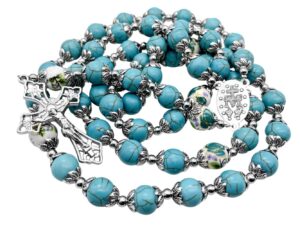 nazareth store catholic turquoise marble beads rosary flowers beaded necklace miraculous medal cross crucifix silver tone rosaries in velvet bag