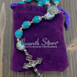 Nazareth Store Catholic Turquoise Marble Beads Rosary Flowers Beaded Necklace Miraculous Medal Cross Crucifix Silver Tone Rosaries in Velvet Bag