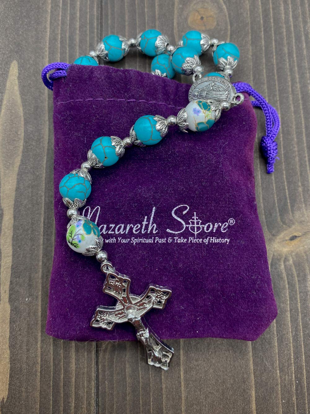 Nazareth Store Catholic Turquoise Marble Beads Rosary Flowers Beaded Necklace Miraculous Medal Cross Crucifix Silver Tone Rosaries in Velvet Bag