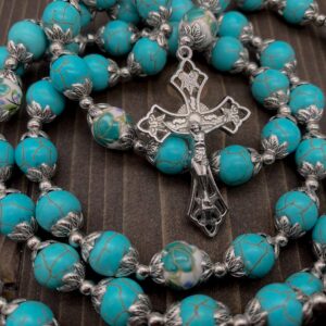 Nazareth Store Catholic Turquoise Marble Beads Rosary Flowers Beaded Necklace Miraculous Medal Cross Crucifix Silver Tone Rosaries in Velvet Bag