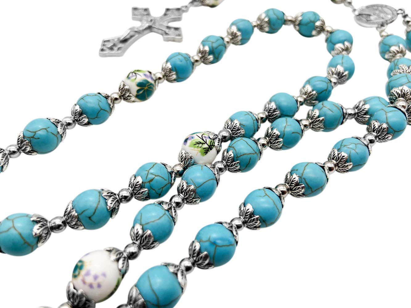 Nazareth Store Catholic Turquoise Marble Beads Rosary Flowers Beaded Necklace Miraculous Medal Cross Crucifix Silver Tone Rosaries in Velvet Bag