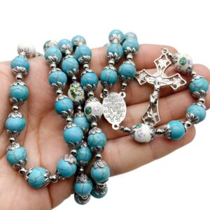 Nazareth Store Catholic Turquoise Marble Beads Rosary Flowers Beaded Necklace Miraculous Medal Cross Crucifix Silver Tone Rosaries in Velvet Bag