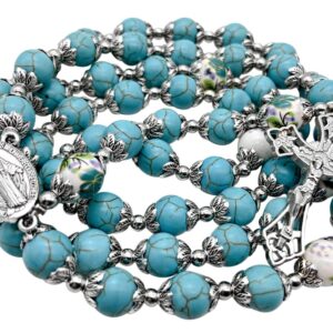 Nazareth Store Catholic Turquoise Marble Beads Rosary Flowers Beaded Necklace Miraculous Medal Cross Crucifix Silver Tone Rosaries in Velvet Bag