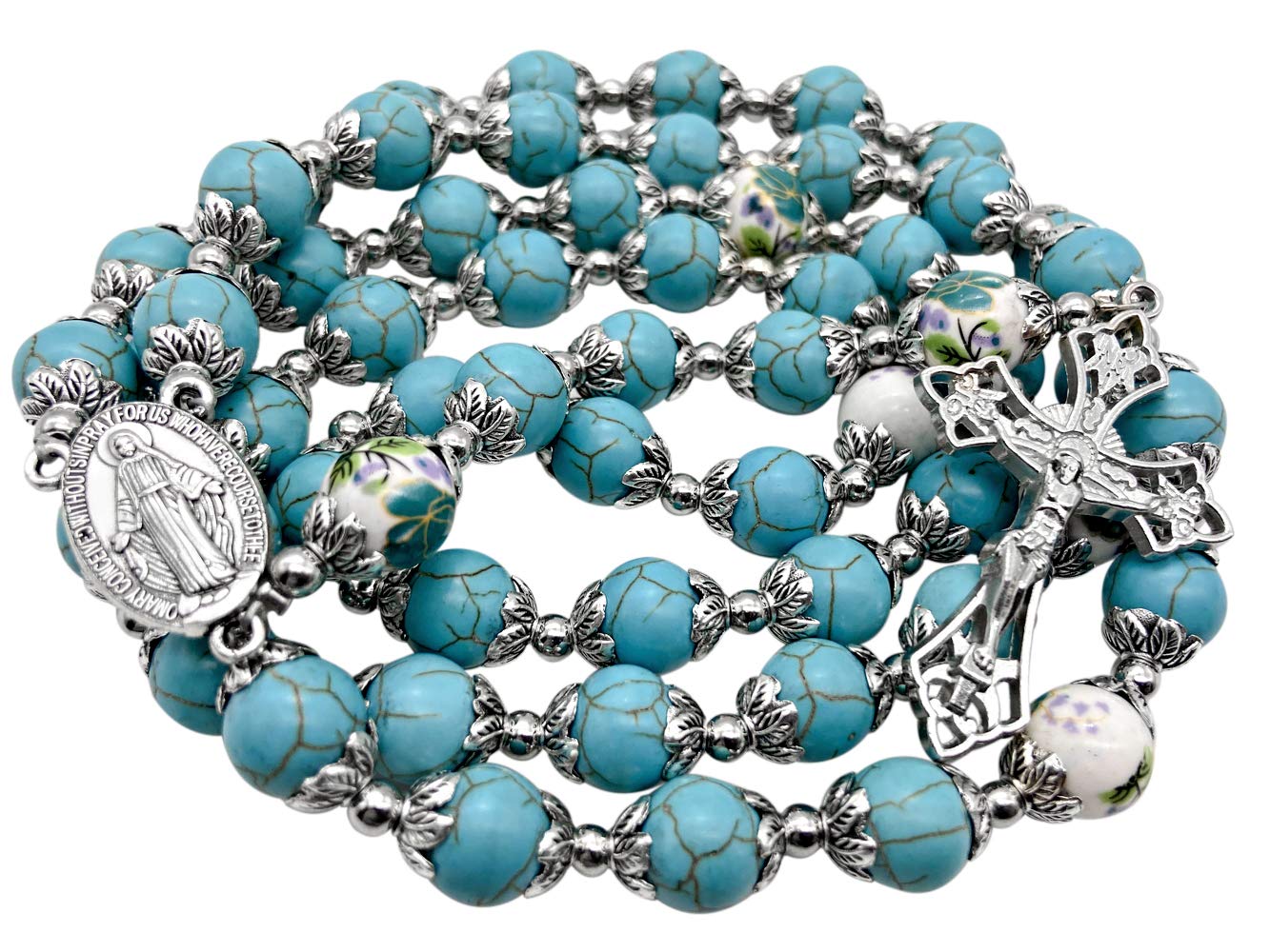 Nazareth Store Catholic Turquoise Marble Beads Rosary Flowers Beaded Necklace Miraculous Medal Cross Crucifix Silver Tone Rosaries in Velvet Bag