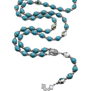 Nazareth Store Catholic Turquoise Marble Beads Rosary Flowers Beaded Necklace Miraculous Medal Cross Crucifix Silver Tone Rosaries in Velvet Bag