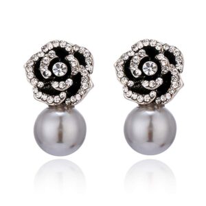 women faux imitation pearl rhinestone rose stud earrings