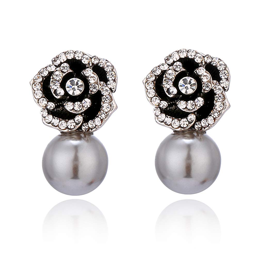 Women Faux Imitation Pearl Rhinestone Rose Stud Earrings