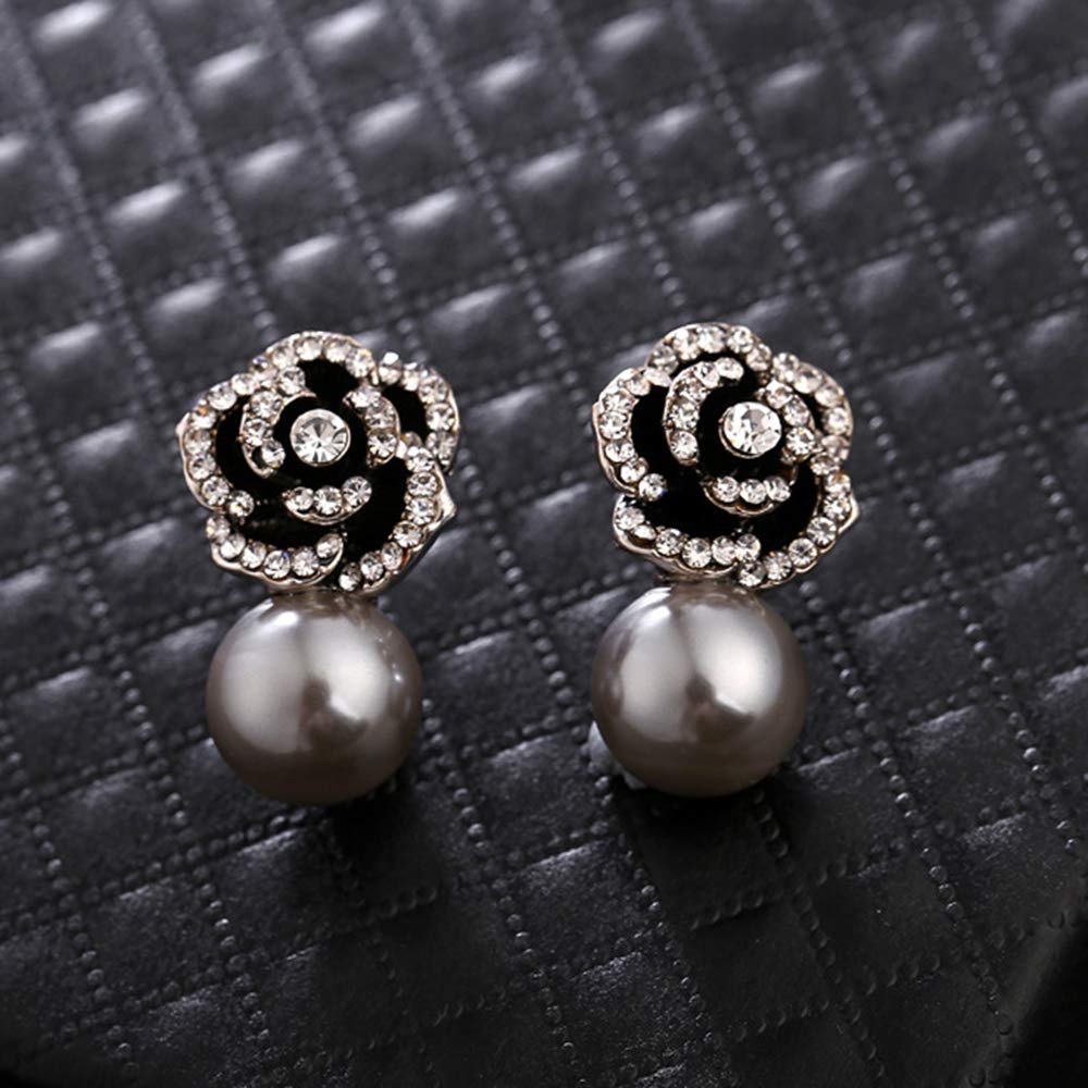 Women Faux Imitation Pearl Rhinestone Rose Stud Earrings