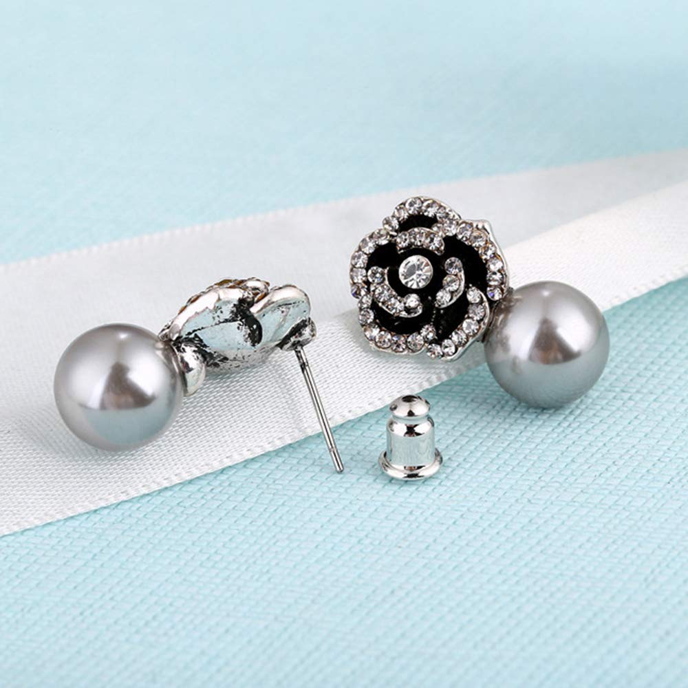 Women Faux Imitation Pearl Rhinestone Rose Stud Earrings