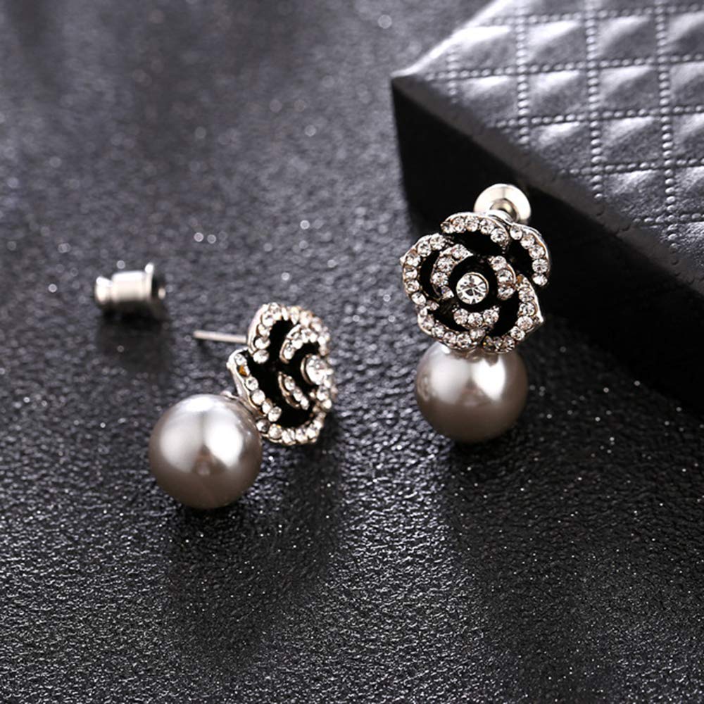 Women Faux Imitation Pearl Rhinestone Rose Stud Earrings