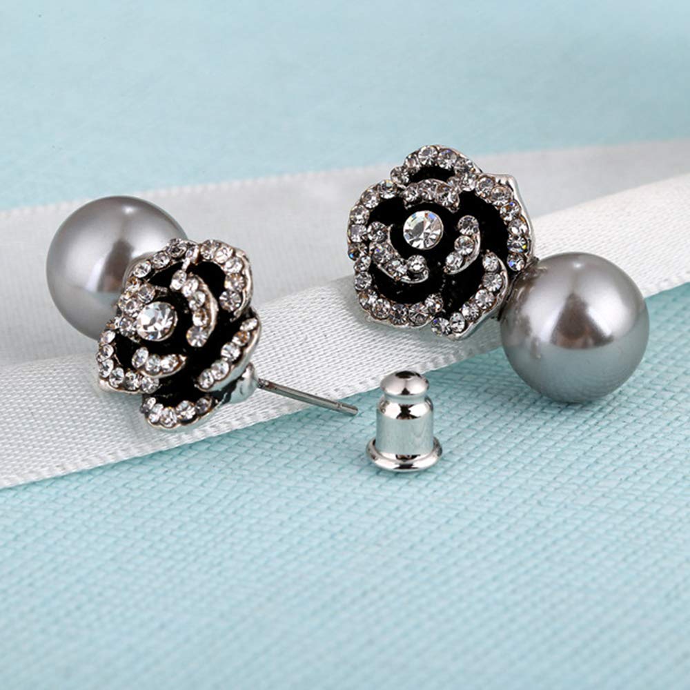 Women Faux Imitation Pearl Rhinestone Rose Stud Earrings