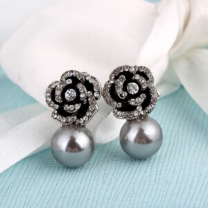 Women Faux Imitation Pearl Rhinestone Rose Stud Earrings