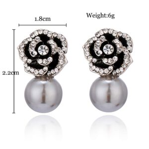 Women Faux Imitation Pearl Rhinestone Rose Stud Earrings