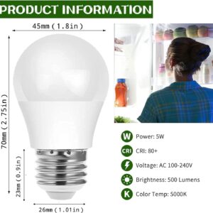 LED Refrigerator Light Bulb, 40W Equivalent LED A15 Bulb, 5W Daylight 5000K E26 Medium Base, Waterproof Appliance Bulb for Fridge Freezer Ceiling Fan, Non-Dimmable, 2 Packs