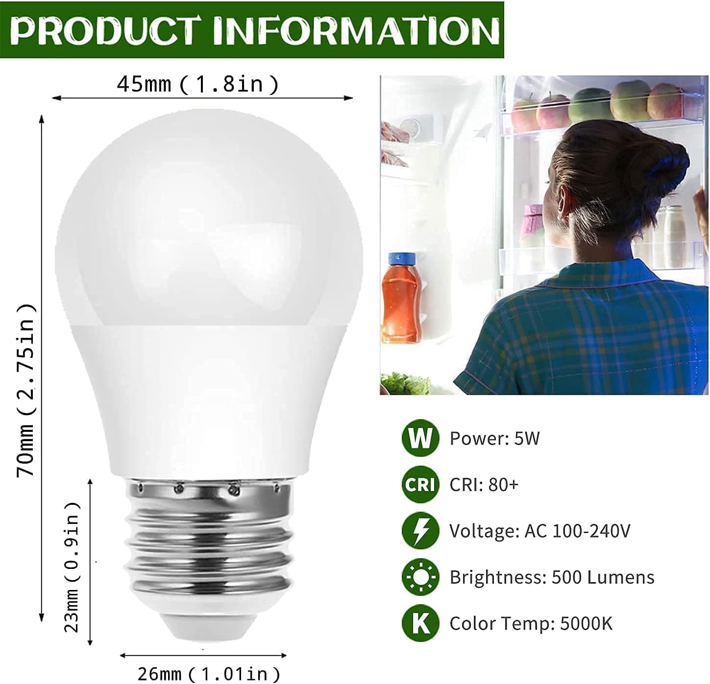 LED Refrigerator Light Bulb, 40W Equivalent LED A15 Bulb, 5W Daylight 5000K E26 Medium Base, Waterproof Appliance Bulb for Fridge Freezer Ceiling Fan, Non-Dimmable, 2 Packs