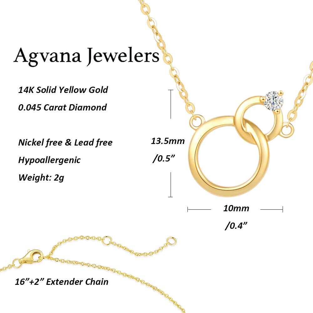 AGVANA 14K Solid Yellow Gold Diamond Two Interlocking Infinity Double Circle Dainty Pendant Necklace Fine Jewelry Christmas Birthday Gifts for Women Teen Girls Lover Wife Mom Grandma, 16+2 Inch