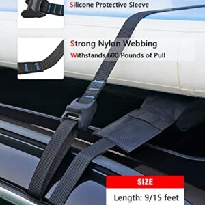 WONITAGO Premium 'No Scratch' Silicon Tie Down Cam Straps for Surfboards, Kayaks, SUP Paddleboards, Canoes, Snowboards 15ft (Pair)