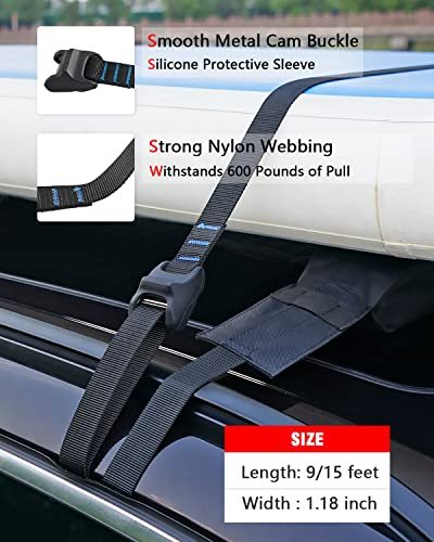 WONITAGO Premium 'No Scratch' Silicon Tie Down Cam Straps for Surfboards, Kayaks, SUP Paddleboards, Canoes, Snowboards 15ft (Pair)