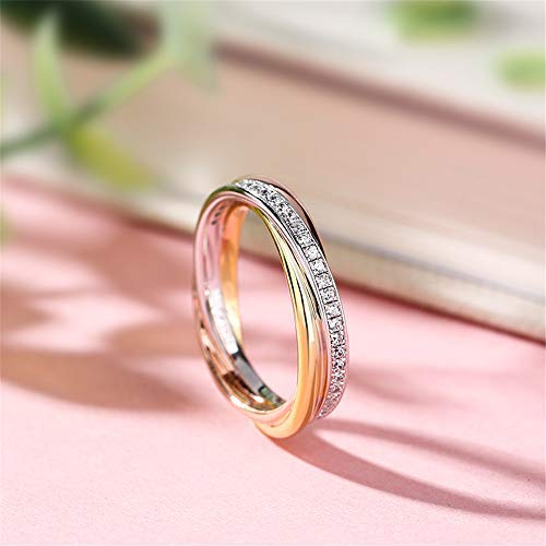 Jeulia Rose Gold Three Tone Ring Band Sterling Silver Women's Band Round Cut Diamond Engagement Statement Ring Band Anniversary Promise Ring for Her with Gift Box (Colorful, 6)