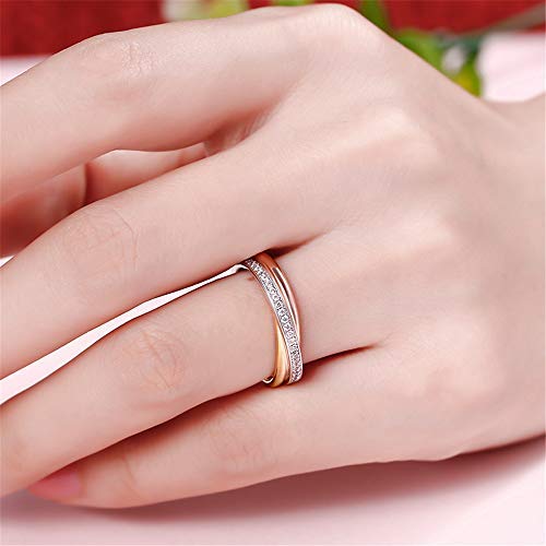 Jeulia Rose Gold Three Tone Ring Band Sterling Silver Women's Band Round Cut Diamond Engagement Statement Ring Band Anniversary Promise Ring for Her with Gift Box (Colorful, 6)