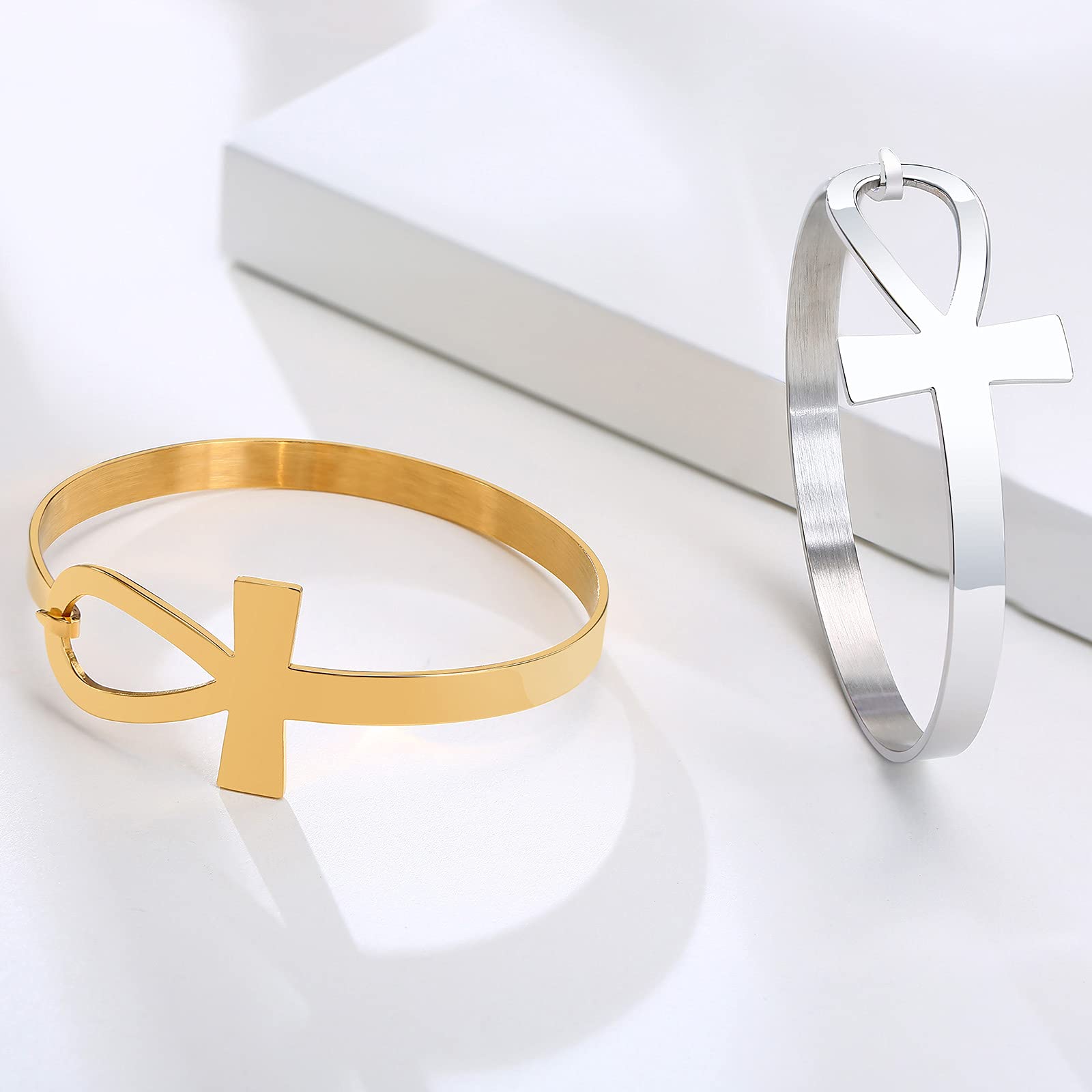 Hisatan Stainless Steel Egyptian Ankh Cross Key of Life Open Cuff Bangle Bracelet for Women,2 Color