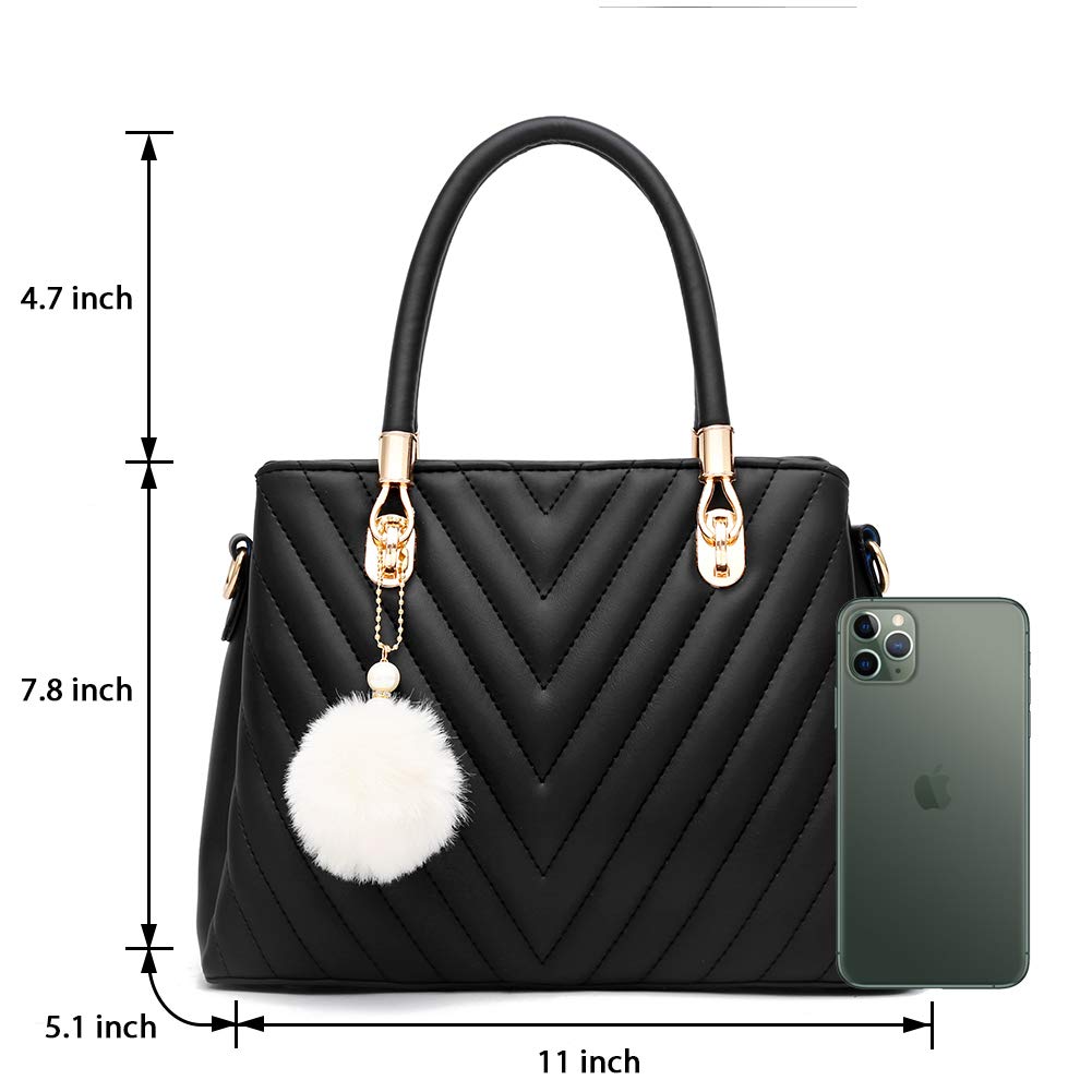 I IHAYNER Womens Fashion Leather Handbags Quilted Purses Top-handle Totes Satchel Bag for Ladies Shoulder Bag for Women with Pompom