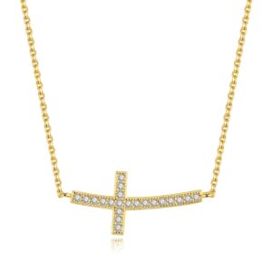 lavishe 14k gold plated 925 sterling silver cubic zirconia small curved sideways cross necklace for women, 18 inch