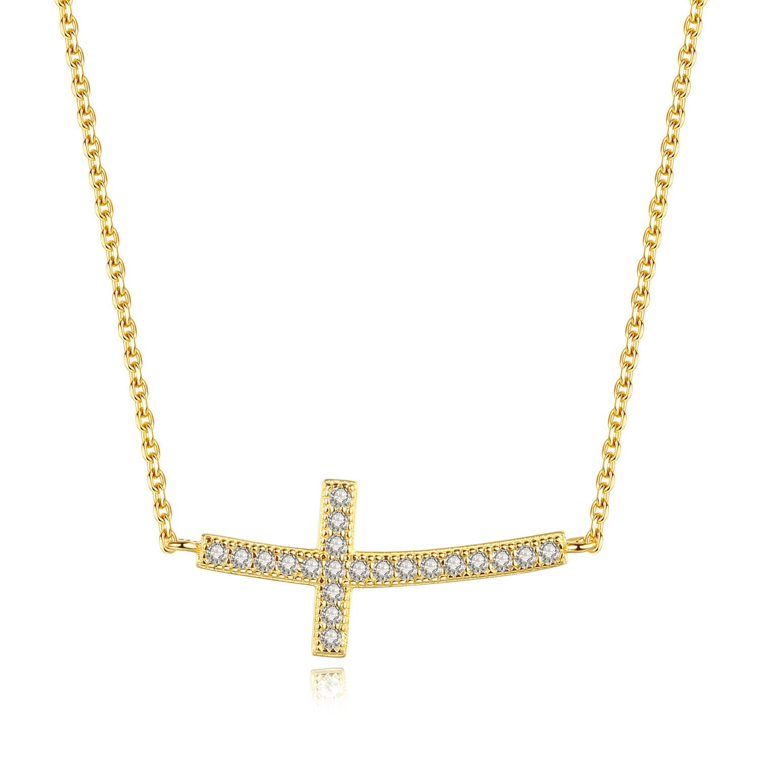 LAVISHE 14K Gold Plated 925 Sterling Silver Cubic Zirconia Small Curved Sideways Cross Necklace for Women, 18 inch