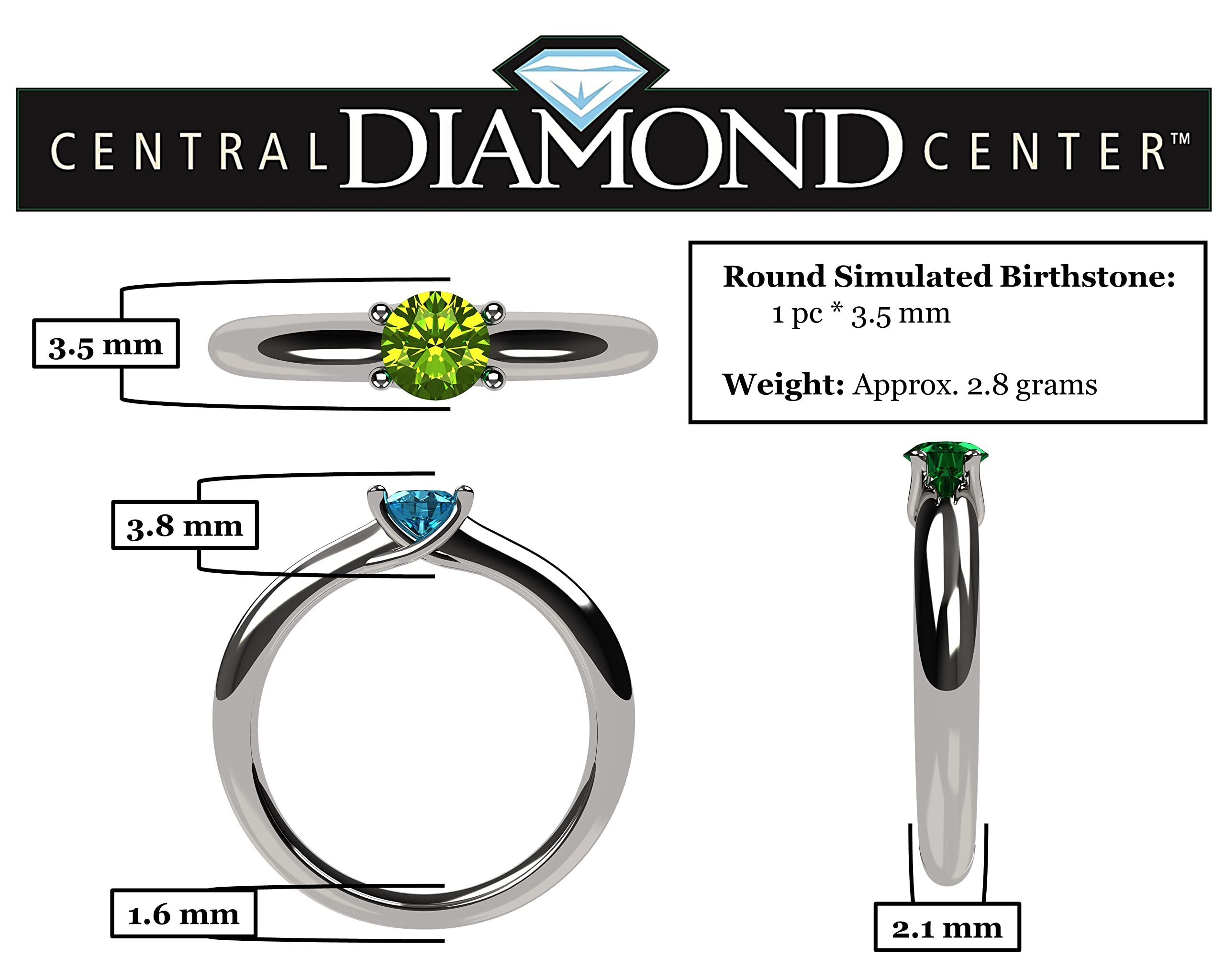 Central Diamond Center 925 Sterling Silver Lucita Solitaire Birthstone Ring w/Simulated Birthstone - March - Size 8