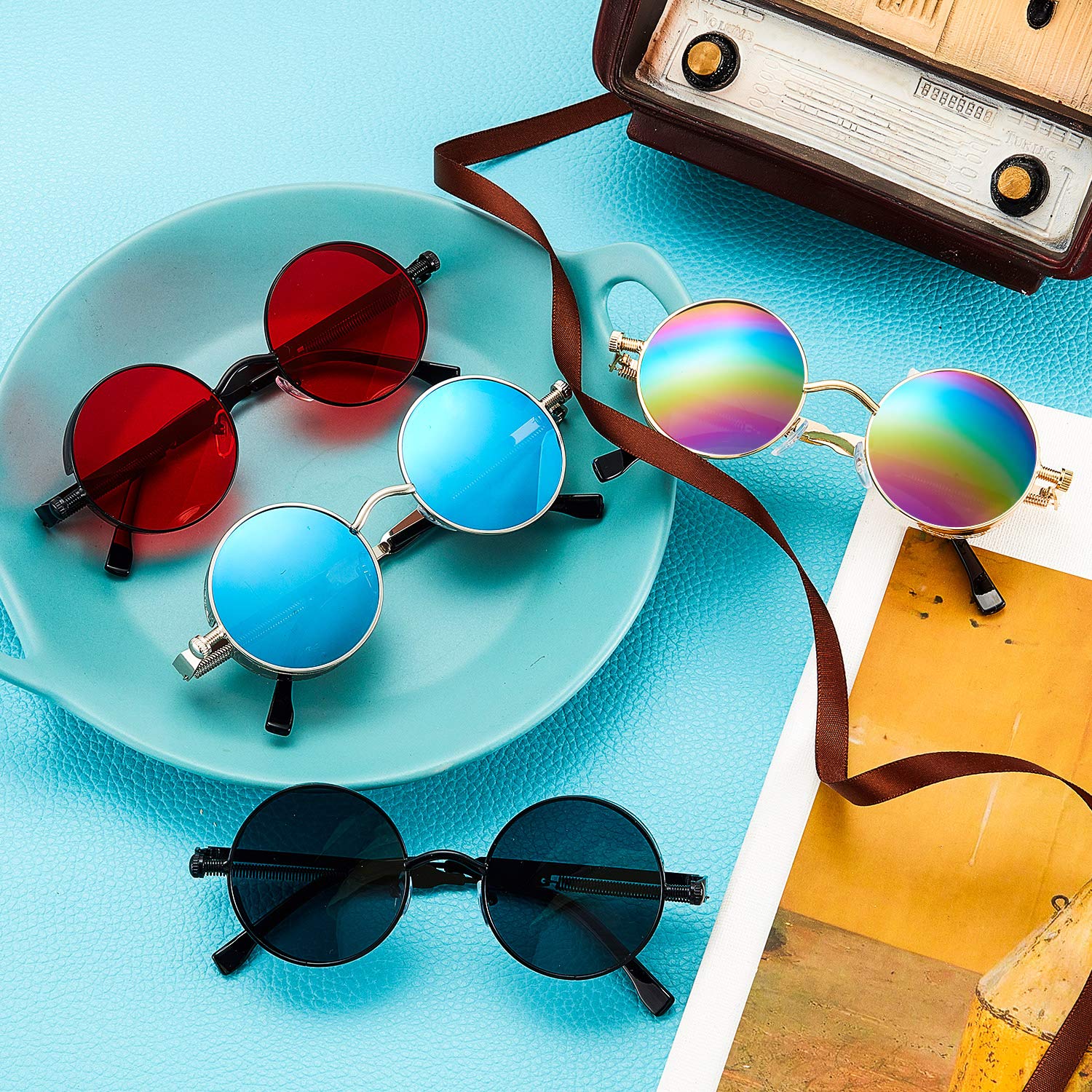 Frienda 4 Pieces Retro Steampunk Sunglasses Vintage Gothic Round Sunglasses Circle Steampunk Glasses for Christmas Women Men (Orange, Black, Blue, Rainbow)