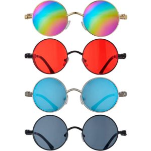 Frienda 4 Pieces Retro Steampunk Sunglasses Vintage Gothic Round Sunglasses Circle Steampunk Glasses for Christmas Women Men (Orange, Black, Blue, Rainbow)