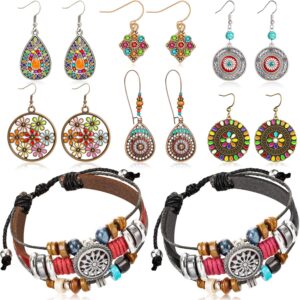 6 pairs bohemian vintage dangle earrings boho retro rhinestone drop earrings and 2 pieces vintage bohemia beaded bracelet jewelry multi-layer woven bracelet