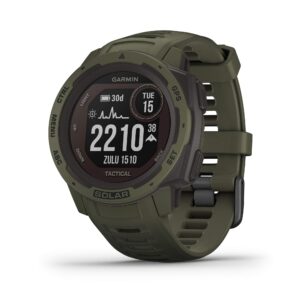 garmin instinct, rugged outdoor smartwatch with solar charging capabilities and tactical features, built-in sports apps and health monitoring, moss green