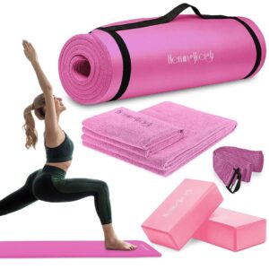 hemingweigh pink yoga mat set, yoga kit, 1/2 inch thick yoga mat pink style with pink accessories