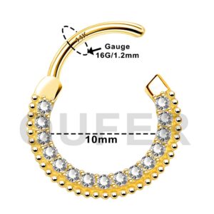 OUFER 14K Solid Gold Septum Piercing Hoop 16G Daith Earrings Hoop Clear CZ Paved Daith Septum Clicker Hoop 10mm Inner Diameter