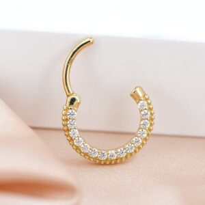 OUFER 14K Solid Gold Septum Piercing Hoop 16G Daith Earrings Hoop Clear CZ Paved Daith Septum Clicker Hoop 10mm Inner Diameter