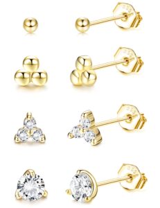 milacolato tiny stud earrings set for women 14k gold plated sterling silver small ball trio ball cz studs round cubic zirconia simulated diamond earring minimalist tragus cartilage piercing