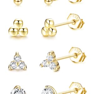 Milacolato Tiny Stud Earrings Set for Women 14K Gold Plated Sterling Silver Small Ball Trio Ball CZ Studs Round Cubic Zirconia Simulated Diamond Earring Minimalist Tragus Cartilage Piercing