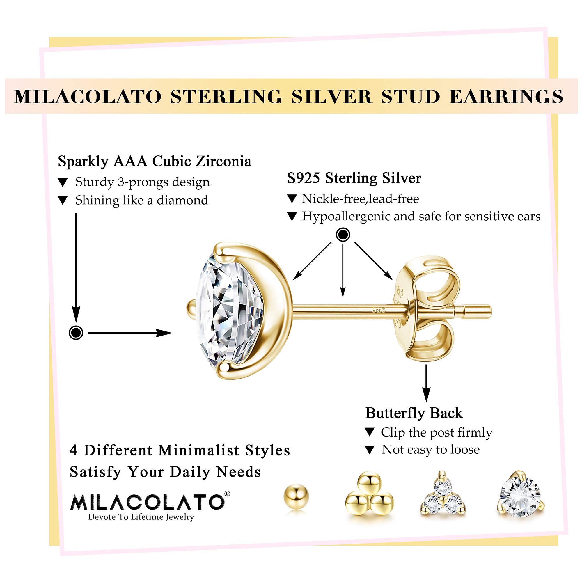 Milacolato Tiny Stud Earrings Set for Women 14K Gold Plated Sterling Silver Small Ball Trio Ball CZ Studs Round Cubic Zirconia Simulated Diamond Earring Minimalist Tragus Cartilage Piercing